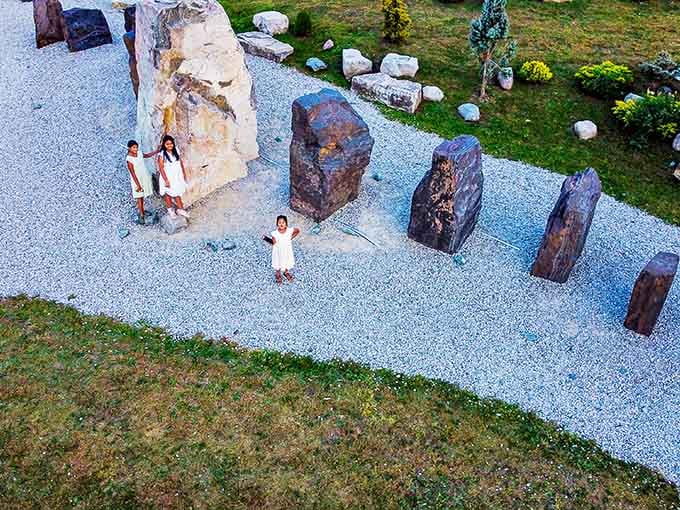 From above, the carefully arranged boulders and pathways reveal the thoughtful design behind this geological masterpiece display.