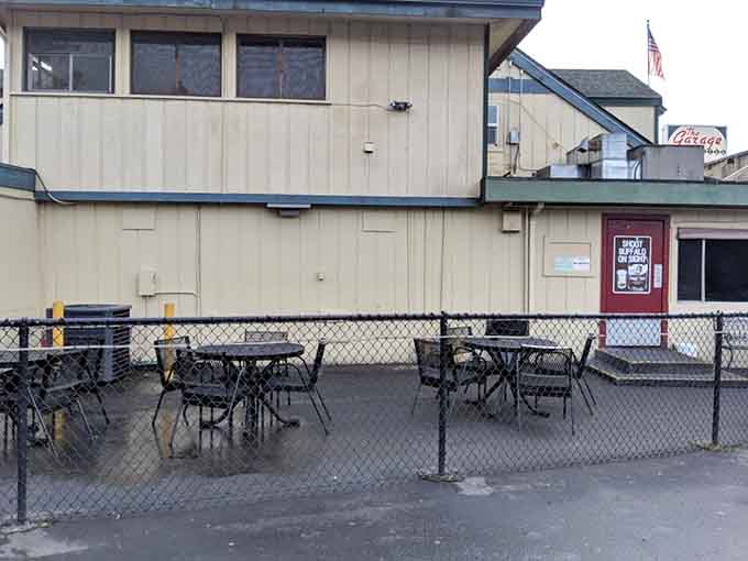 Chain-link fence outdoor seating that's perfect for those rare sunny Washington days when you want your Bloody Mary alfresco.