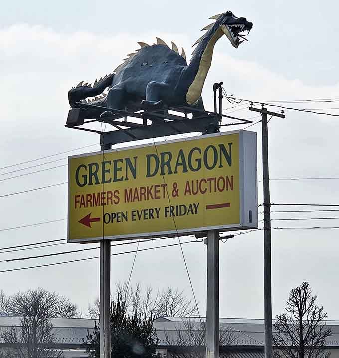 The iconic Green Dragon sign complete with its namesake creature watching over Friday's faithful market-goers below.