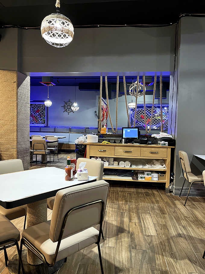 Another angle of the dining room reveals the playful nautical touches that remind you crabs don't live in lakes.
