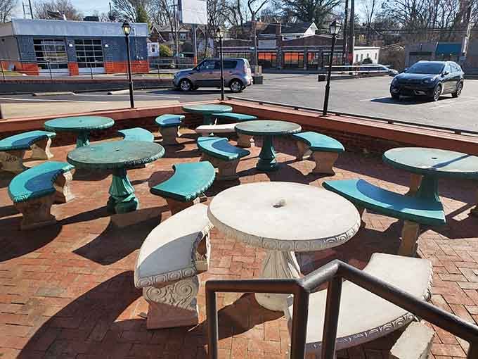 Outdoor patio seating painted in cheerful colors turns pie time into a neighborhood celebration.