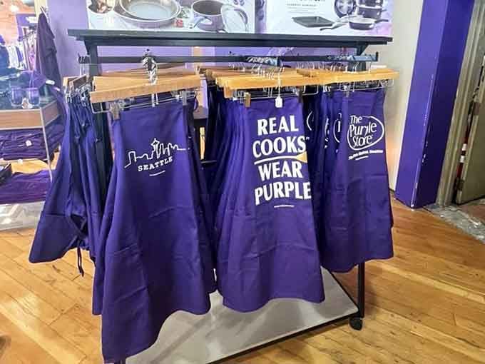 Kitchen aprons declaring culinary allegiance to purple make cooking feel like joining an exclusive, delicious club.
