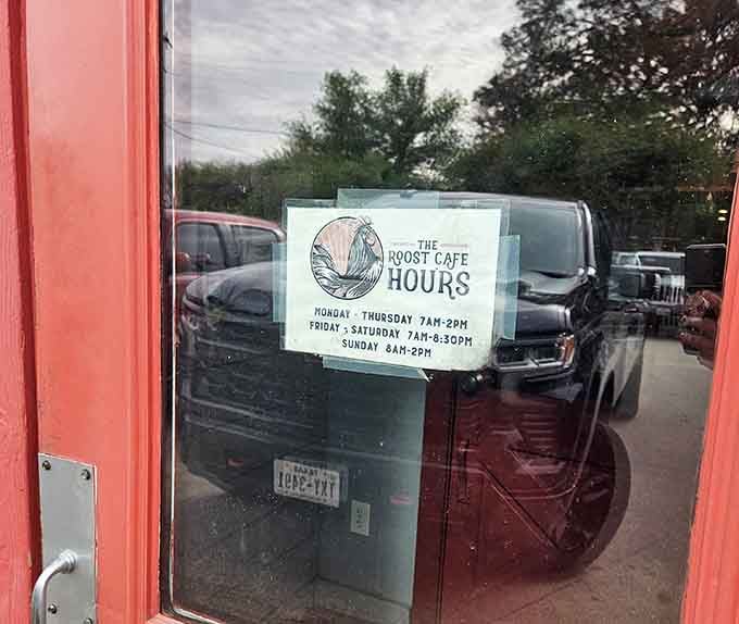 Those posted hours on the door are your roadmap to happiness, telling you exactly when breakfast bliss awaits inside.