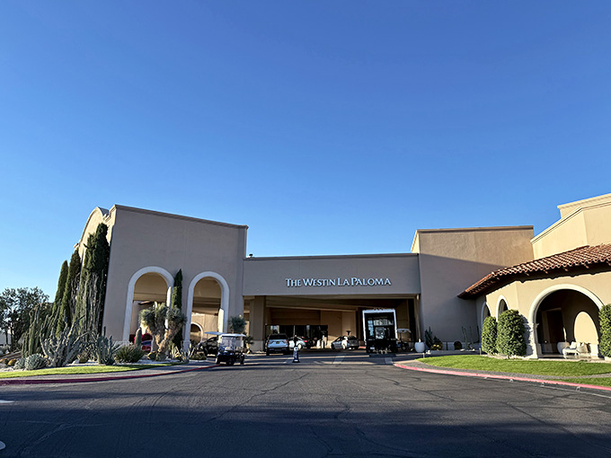 The entrance welcomes you like an old friend, assuming your old friend owns a spectacular desert resort.