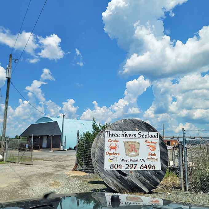 That hand-painted sign pointing you toward crabs, oysters, and fresh fish is basically a roadmap to happiness itself.