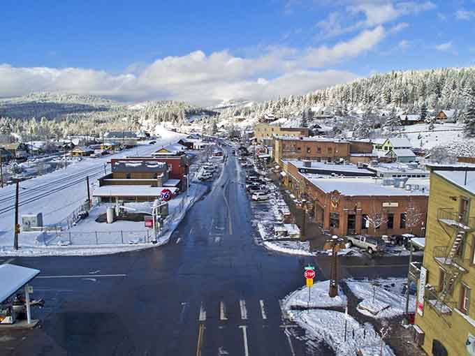 Aerial views reveal how this charming town nestles into the Sierra Nevada like it was always meant to be there.