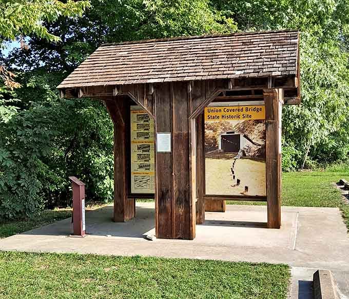 The information kiosk shares the bridge's story for those who appreciate history and those avoiding their phone for five minutes.