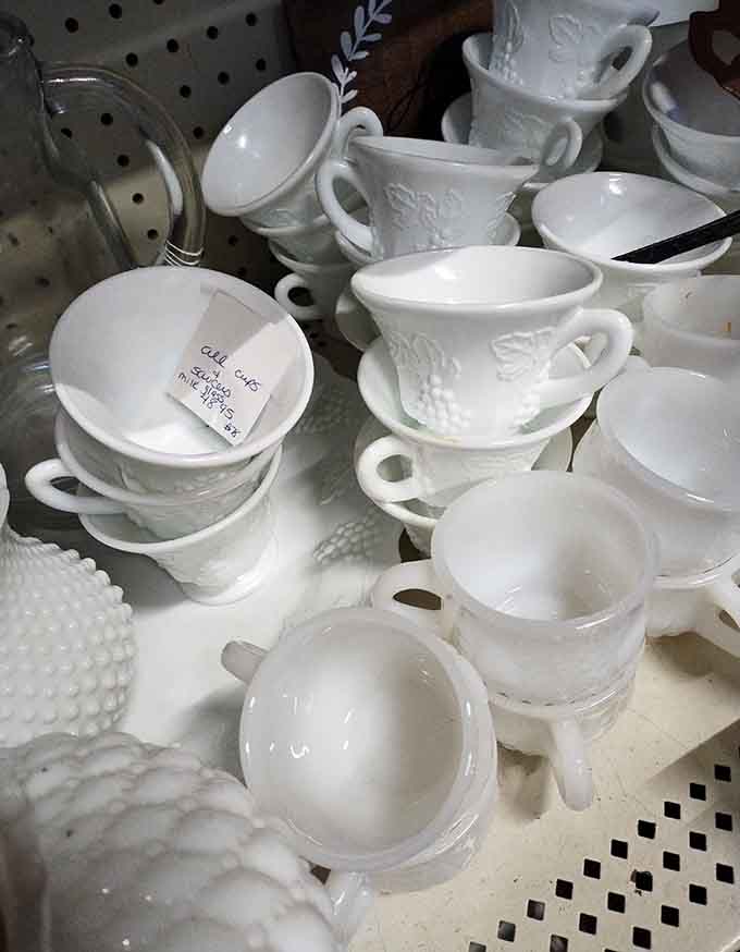 White cups and creamers that once graced breakfast tables when coffee was simple and mornings were slower.