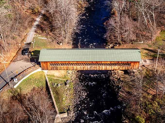 From above, you can see how the bridge connects not just two banks, but two towns and two counties simultaneously.
