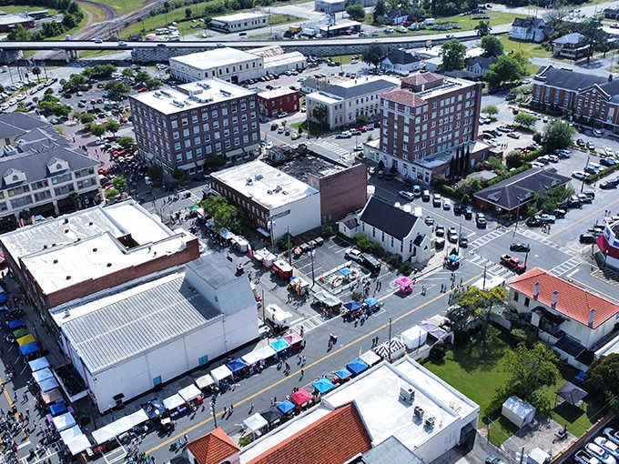 Aerial views reveal a compact downtown where everything you need sits within easy reach and affordable grasp.