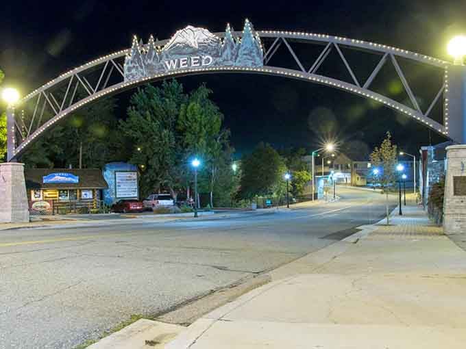 The arch lit up at night transforms into something magical, proving small towns know how to shine.
