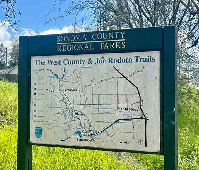 The trail map reveals connections throughout Sonoma County, turning one ride into endless exploration possibilities.