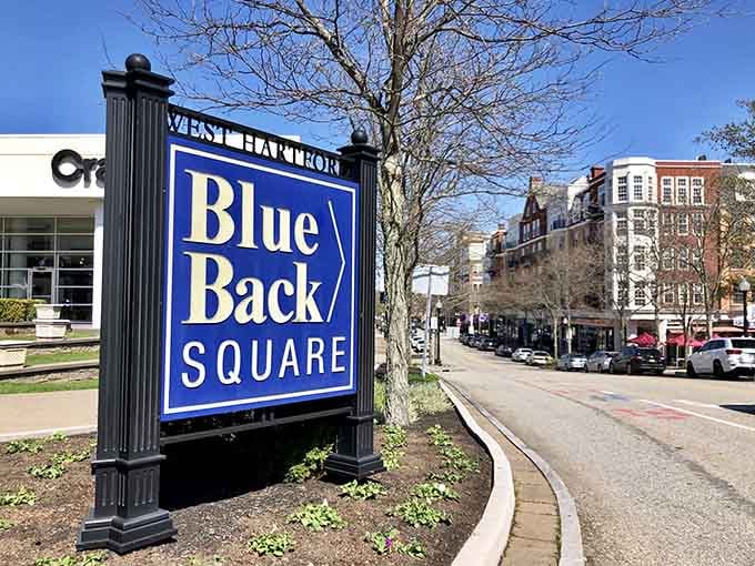 Blue Back Square's sign welcomes you to a pedestrian-friendly paradise where your feet do the driving and your wallet stays happy.