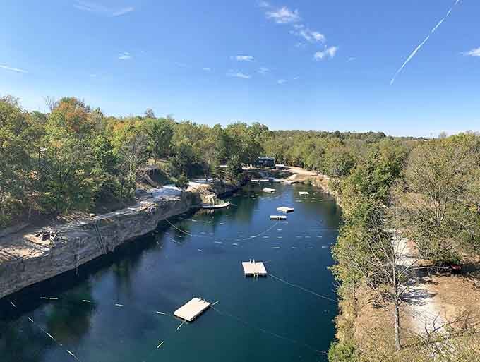 From above, the quarry looks like someone dropped a sapphire into the Indiana countryside deliberately.