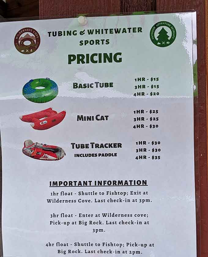 Rental options and float times clearly posted: planning your river adventure has never been easier or clearer.