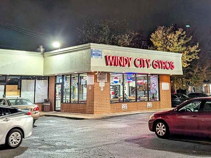 Even at night, that sign beckons like a beacon of hope for anyone craving authentic gyros in Chicago.