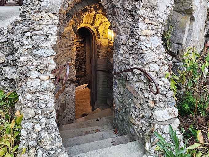 Ancient-looking stone passageways invite exploration, leading you deeper into this handcrafted world of architectural wonder and imagination.
