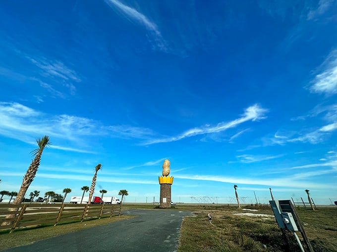 The full view reveals just how perfectly this monument fits into the South Georgia landscape, palm trees and all.