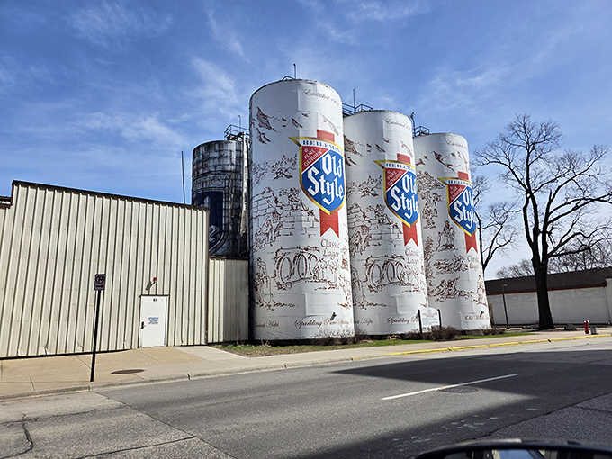 From this angle, the industrial reality meets artistic vision, where functional brewery equipment becomes beloved local landmark.