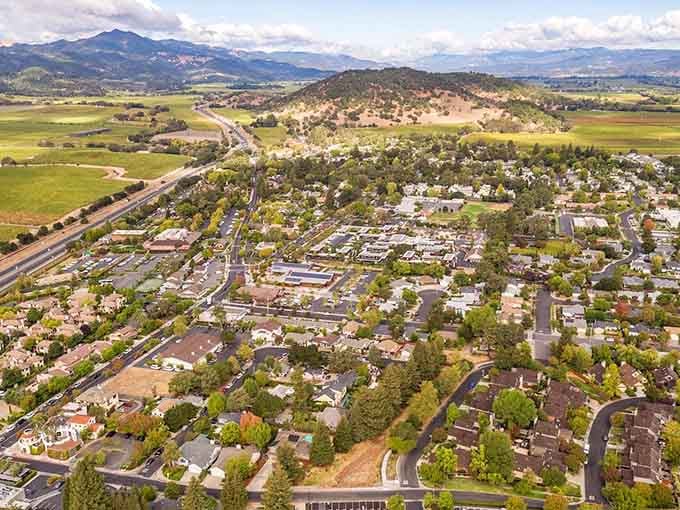 From above, this tiny town's big reputation becomes clear: concentrated excellence in every carefully planned block.