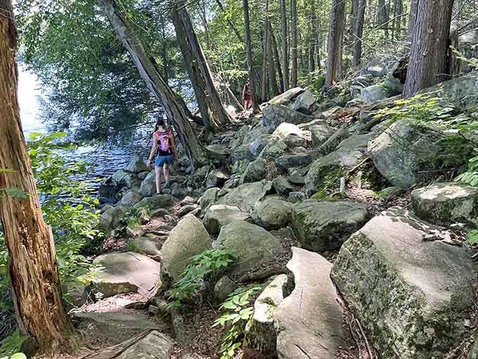 Rocky shorelines add character and challenge, reminding us that the best destinations often require a little careful navigation to reach.