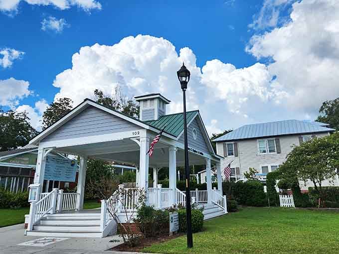 This charming gazebo sits ready for summer concerts, marriage proposals, and all of life's sweet moments.