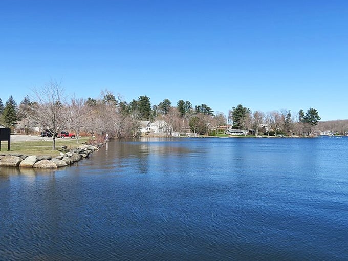 That brilliant blue water against the early spring shoreline creates a scene worthy of your screensaver collection.
