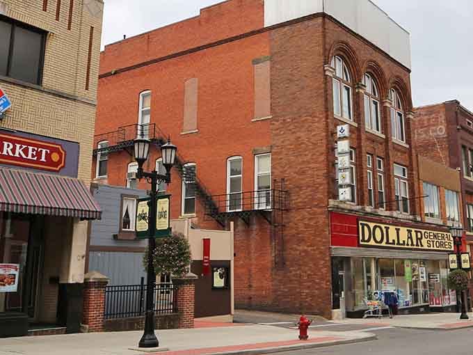 Classic brick storefronts and vintage lampposts create a downtown that feels like stepping into a beloved old photograph.