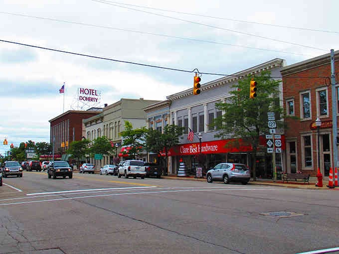 Hotel Doherty stands proud on this classic main street where brick buildings tell stories from another era.