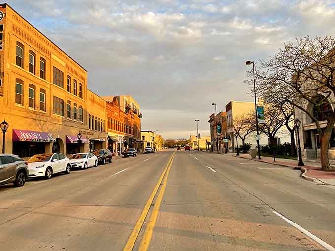 Golden hour transforms these historic storefronts into something straight out of a Norman Rockwell painting.