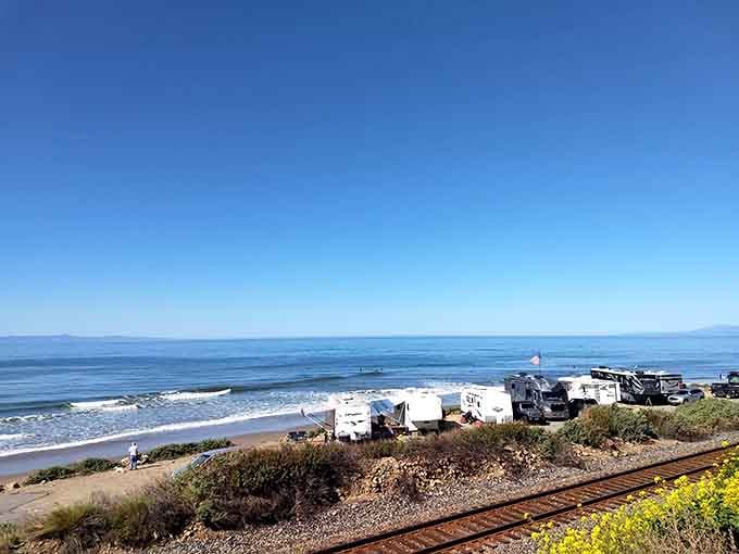 When your campsite comes with railroad tracks and ocean views, you're living the California dream with a soundtrack.