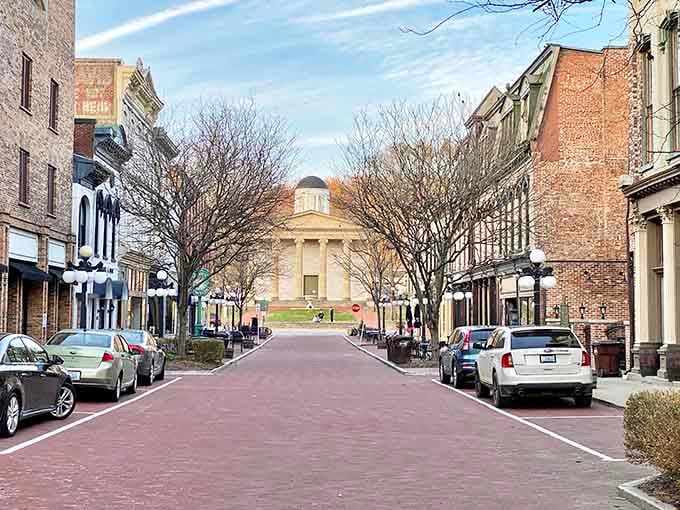 That classic capitol dome framing the end of Main Street makes Frankfort look like a movie set.