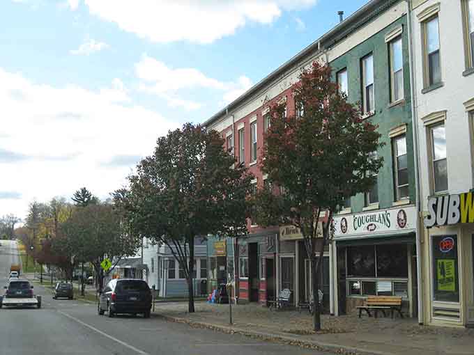 Tree-lined streets and colorful storefronts create a Main Street that looks like it stepped out of a Norman Rockwell painting.