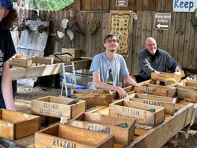 These wooden sluice boxes are where the magic happens, turning ordinary dirt into extraordinary discoveries.