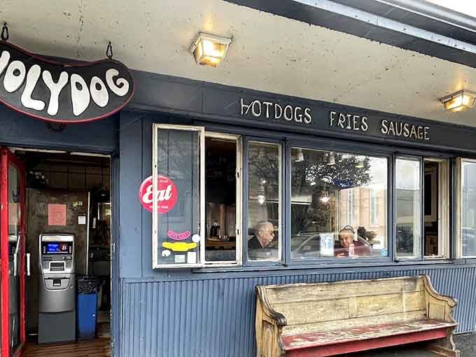 That vintage bench outside welcomes you like an old friend before you even taste the hot dogs.