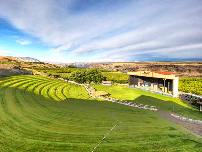 Those terraced lawns look like someone mowed a masterpiece into the hillside overlooking the Columbia River Gorge.