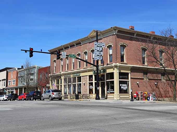 Classic brick storefronts line this corner like a scene from "It's a Wonderful Life," minus the drama.