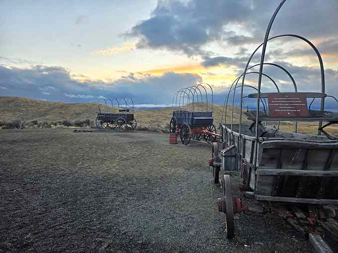 These covered wagons lined up at sunset look ready to roll westward across the endless Oregon prairie.
