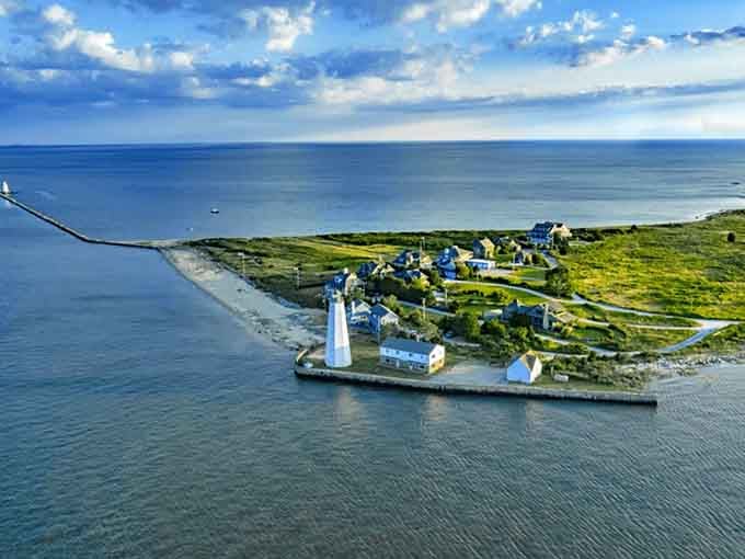 This aerial view captures where the river meets the Sound in a dance of blue and green.