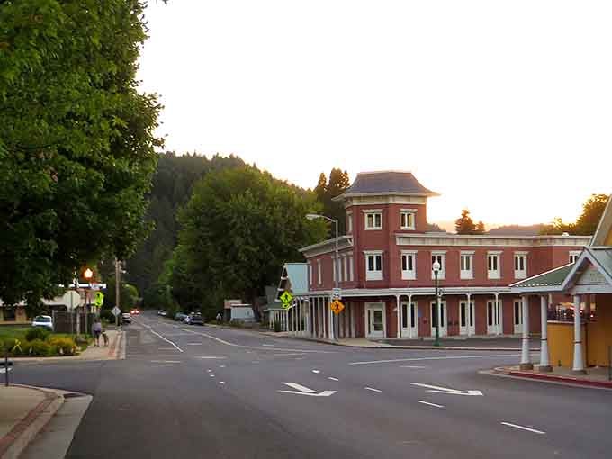 That handsome red brick building catches the golden hour light like a postcard from California's quieter side.
