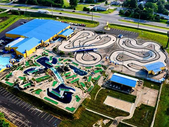 From above, this sprawling playground looks like someone designed the ultimate fun buffet with go-karts and mini golf.