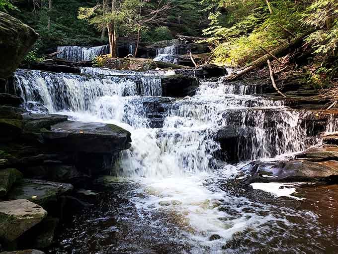 Nature's staircase in action: layered waterfalls tumbling over ancient rocks like a liquid symphony in the forest.