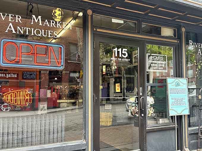 That glowing neon "OPEN" sign is like a beacon calling treasure hunters to their happy place.