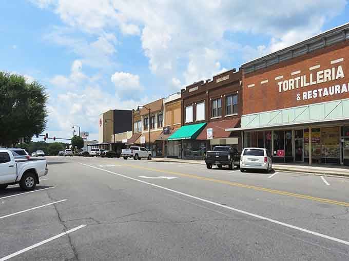 Classic brick storefronts line this welcoming street where parking is plentiful and tortillas are calling your name.