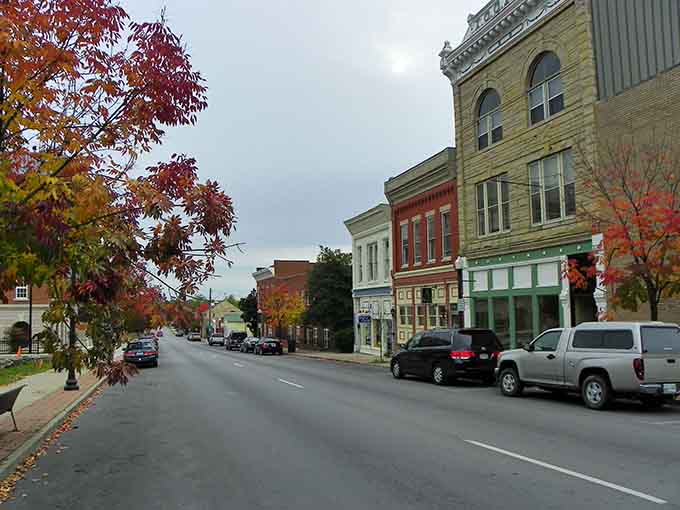Autumn leaves frame historic storefronts like nature's own picture frame, painting this street in warm, welcoming colors.