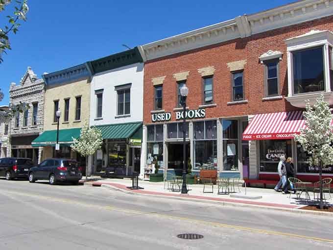Classic brick storefronts line this perfect Main Street where used books and chocolates await your discovery.
