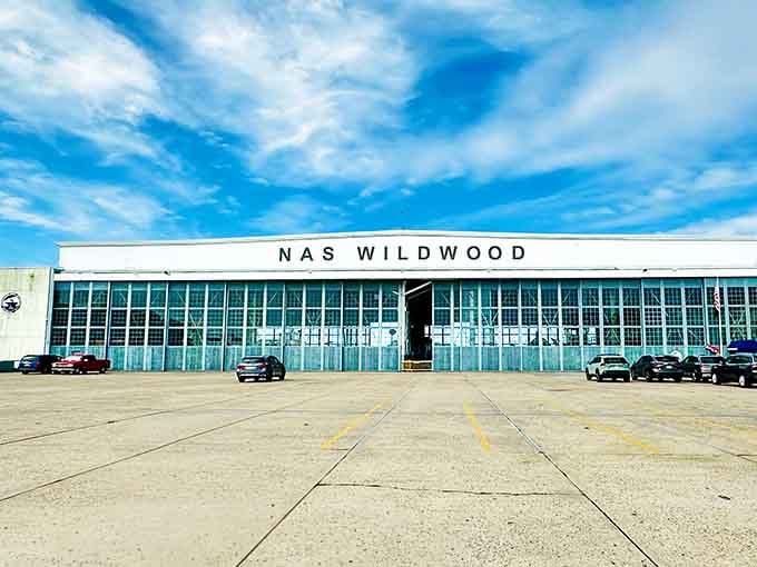 That iconic NAS Wildwood sign stretches across a hangar that's seen more history than your average Jersey landmark.