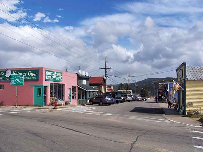 Downtown Nederland's colorful storefronts prove happiness comes in shades of pink, green, and mountain-town charm.
