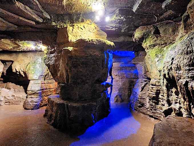 That ethereal blue glow isn't Photoshop magic, it's limestone meeting LED artistry in spectacular fashion.