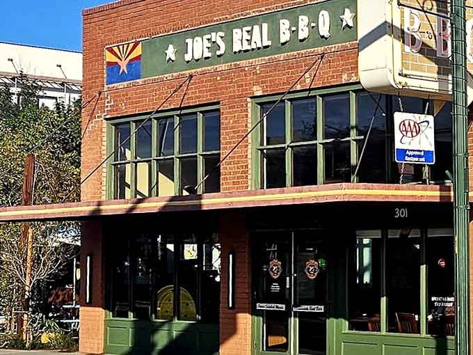 That brick facade and Arizona flag tell you everything: authentic barbecue lives here in Gilbert's heart.